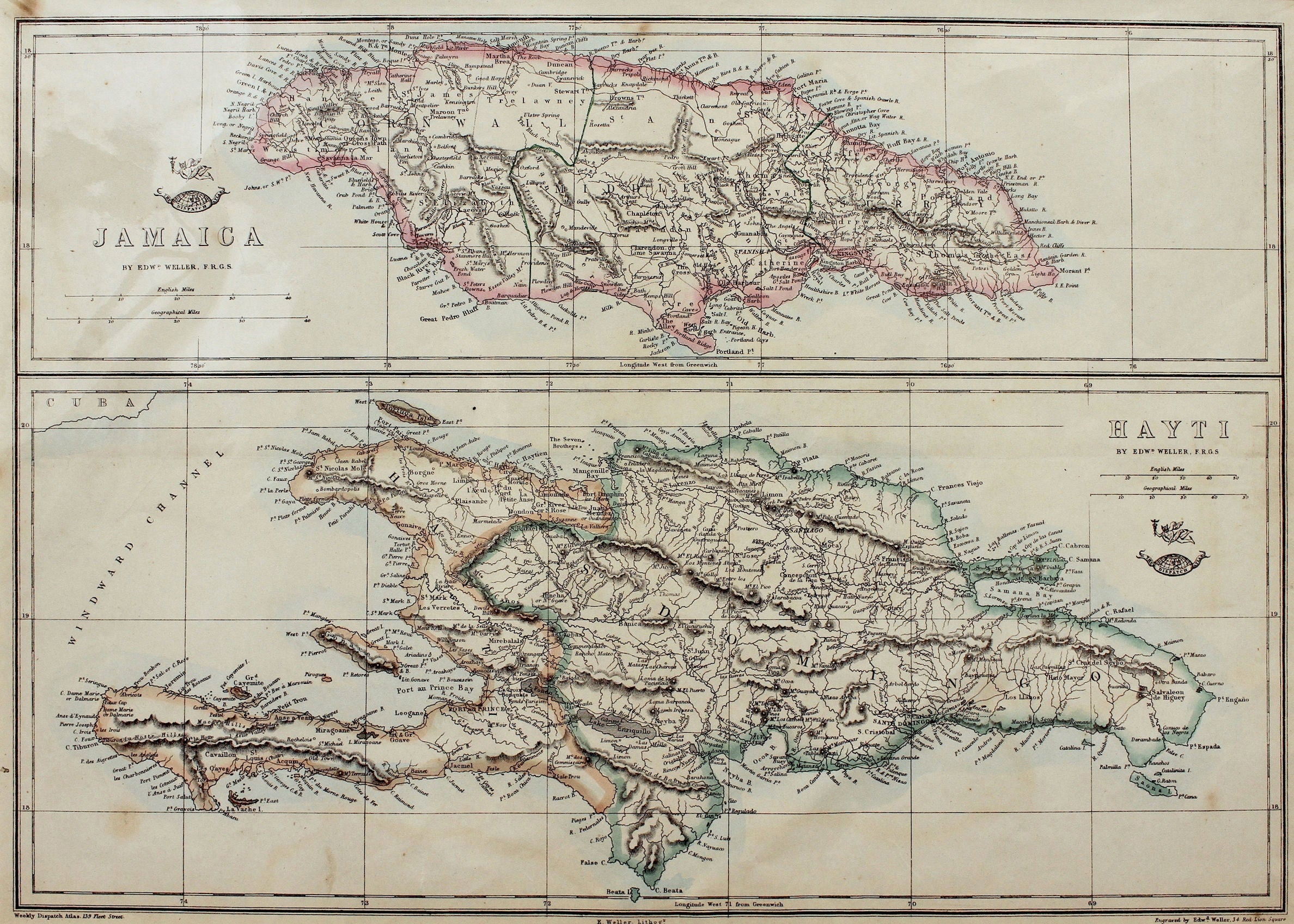 Jamaica and Hayti - Antique Map, circa 1863 – The Witch Ball