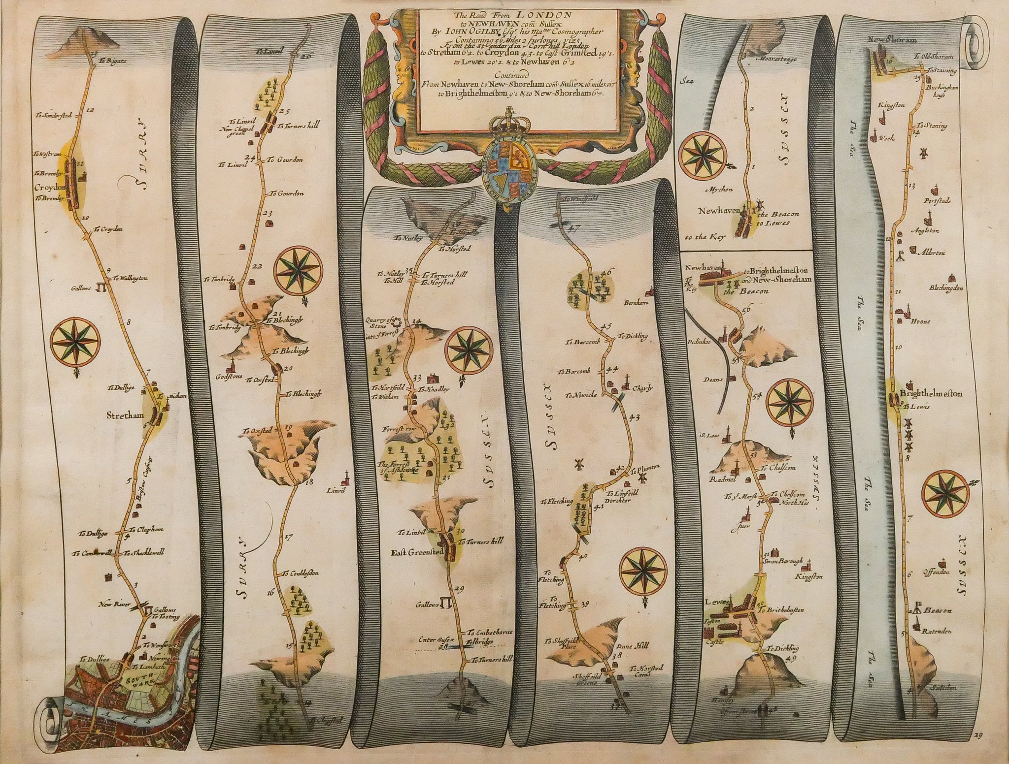 The Road From London to Newhaven - Antique Ogilby Ribbon Map 1675 – The ...