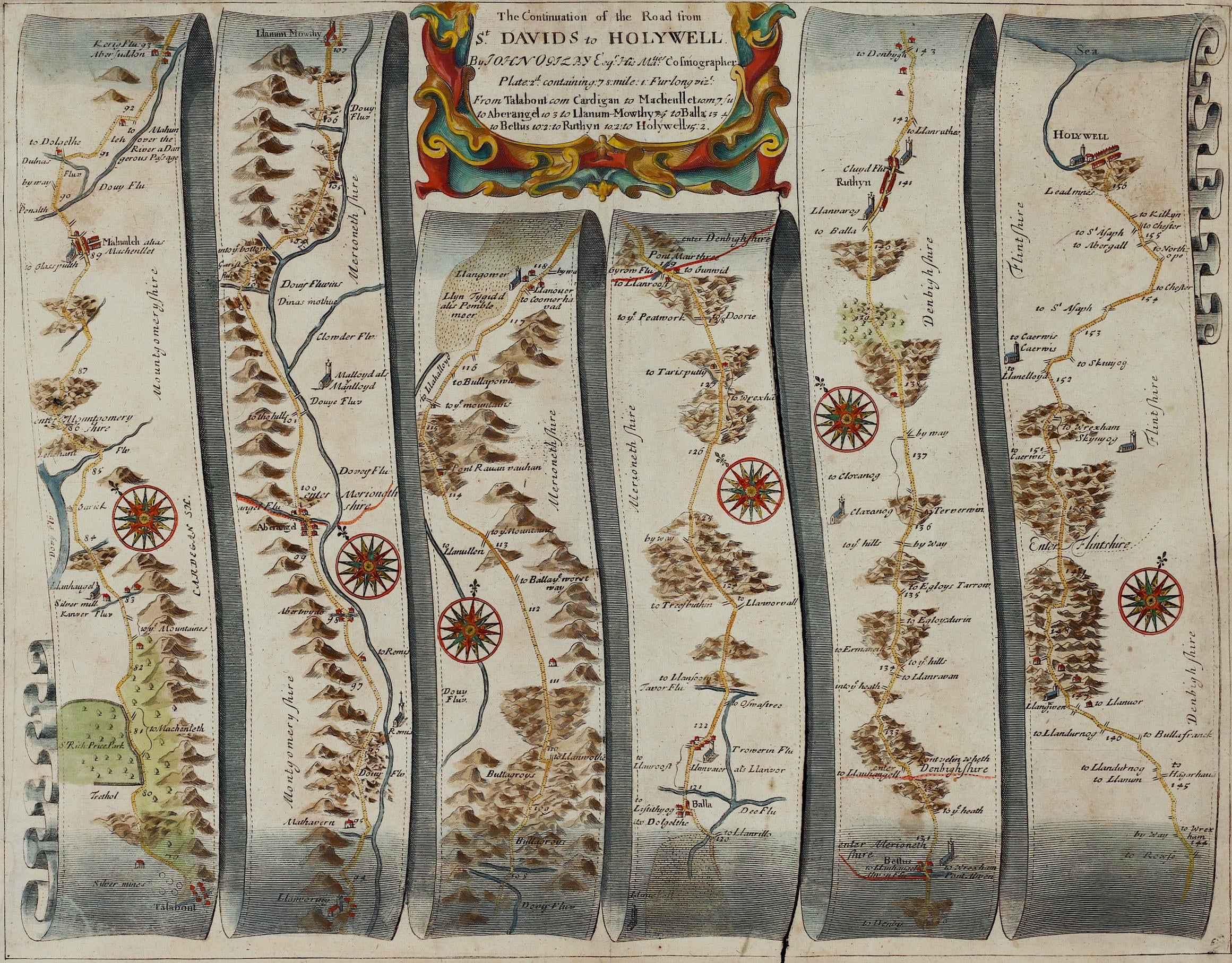 The Road from St David's to Holywell - Antique Ribbon Map, circa 1675 ...