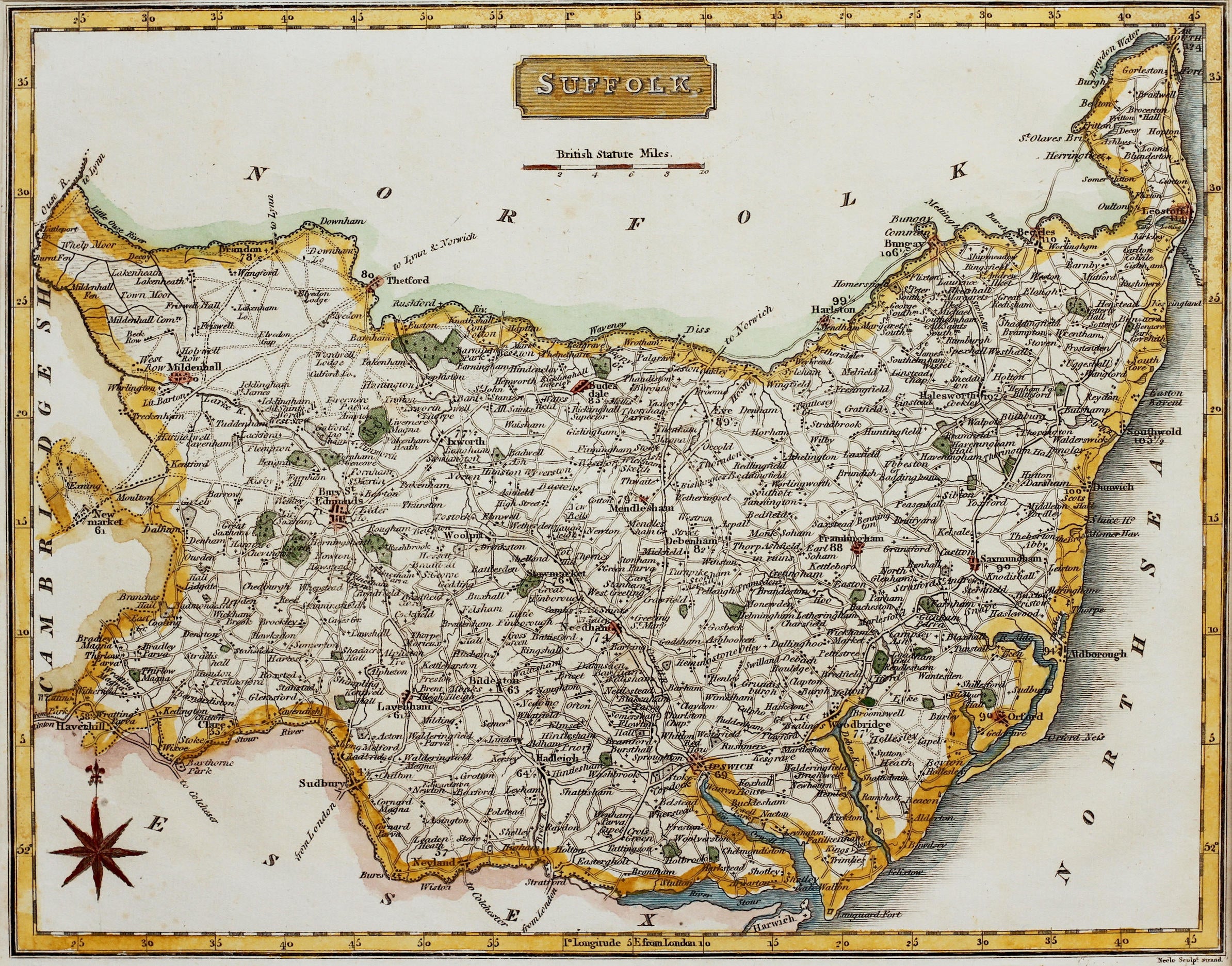Suffolk - Antique Map by Neele, circa 1819 – The Witch Ball