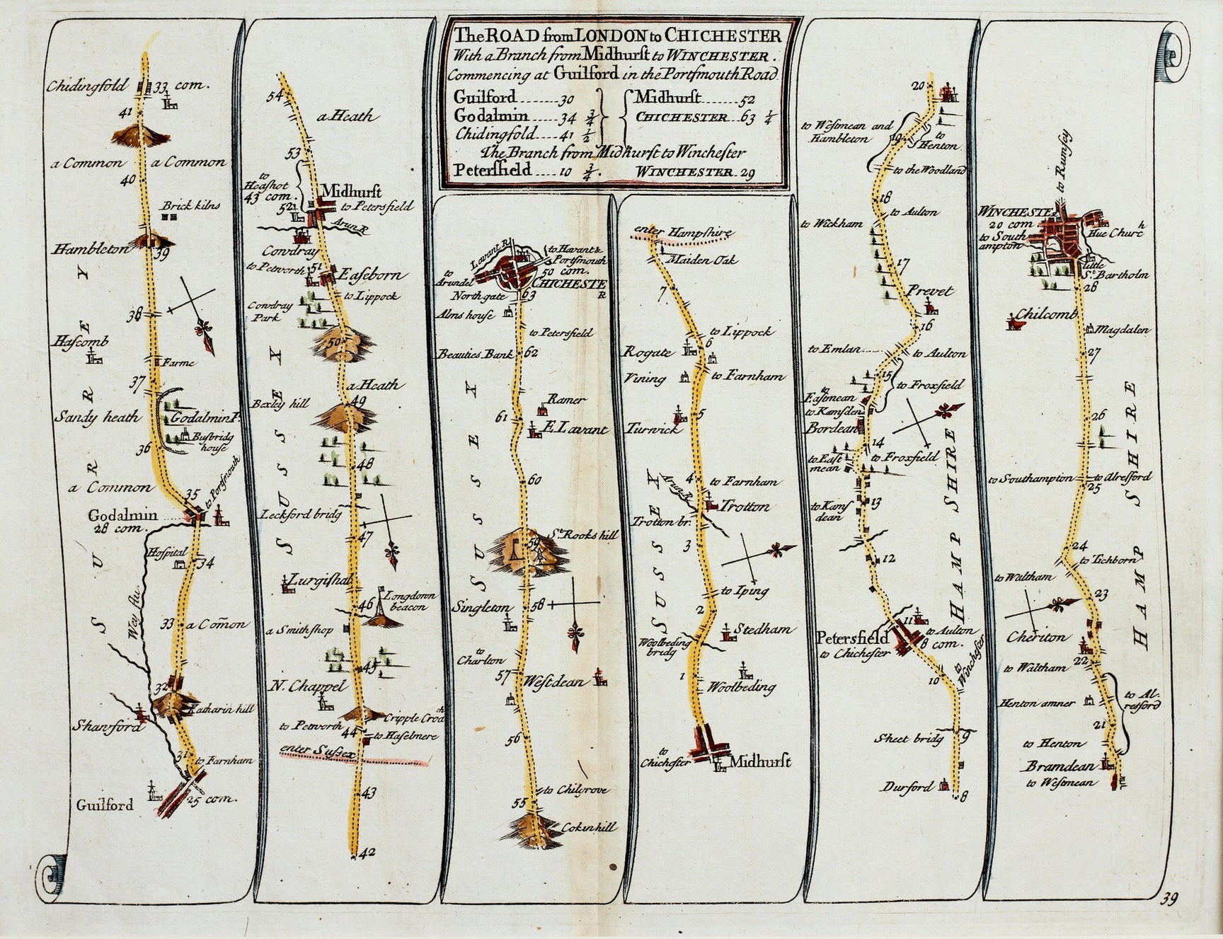 The Road from London to Chichester - Antique Ribbon Map by John Senex ...