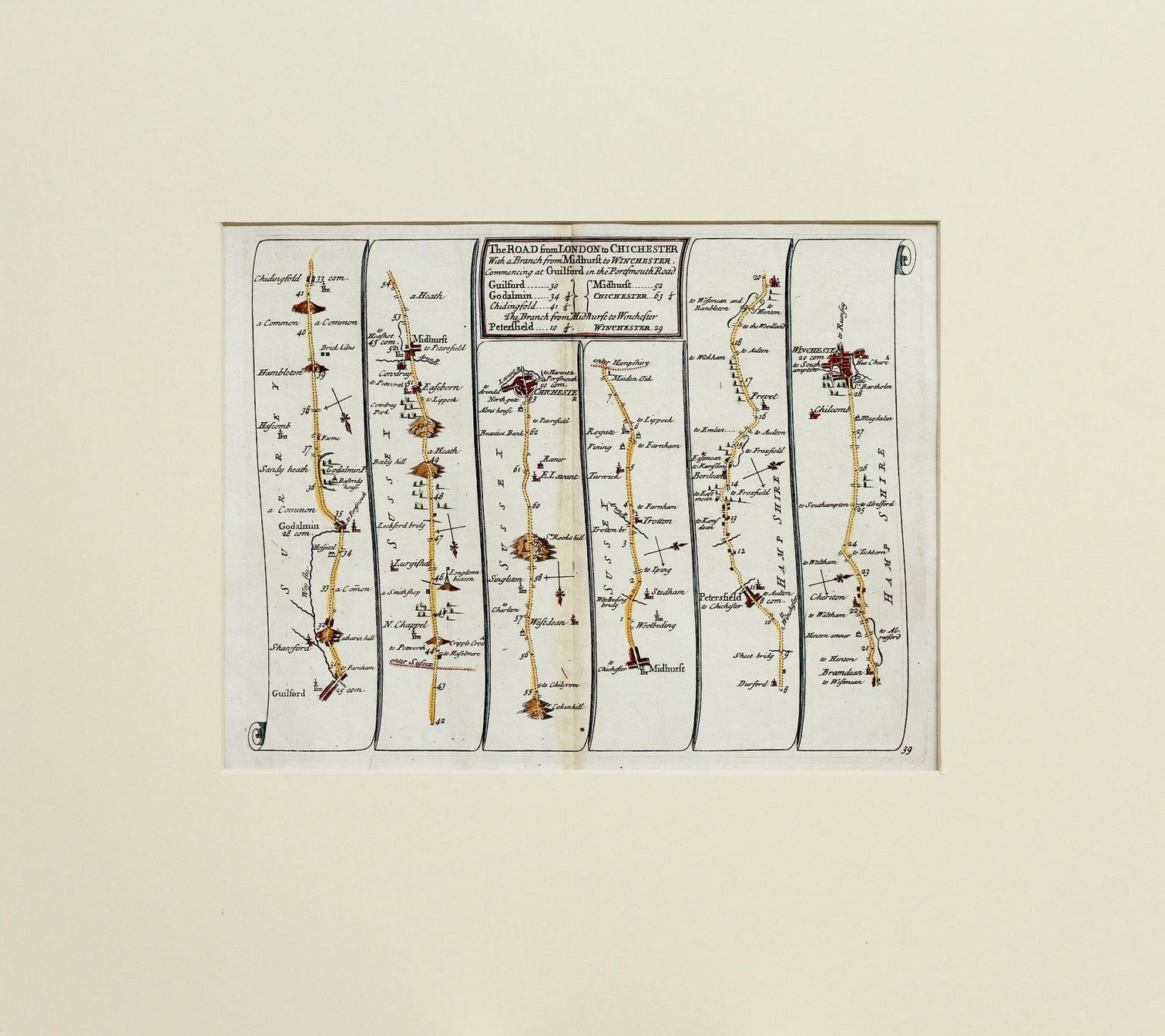 The Road from London to Chichester - Antique Ribbon Map by John Senex ...
